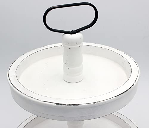 Funly mee Distressed Rustic White Wood Two-Tier Tray with Metal Handle,Decorative Organizer Tray for Kitchen Counter Top or Dining Room Table(White)
