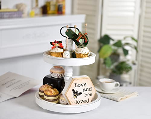 Funly mee Distressed Rustic White Wood Two-Tier Tray with Metal Handle,Decorative Organizer Tray for Kitchen Counter Top or Dining Room Table(White)