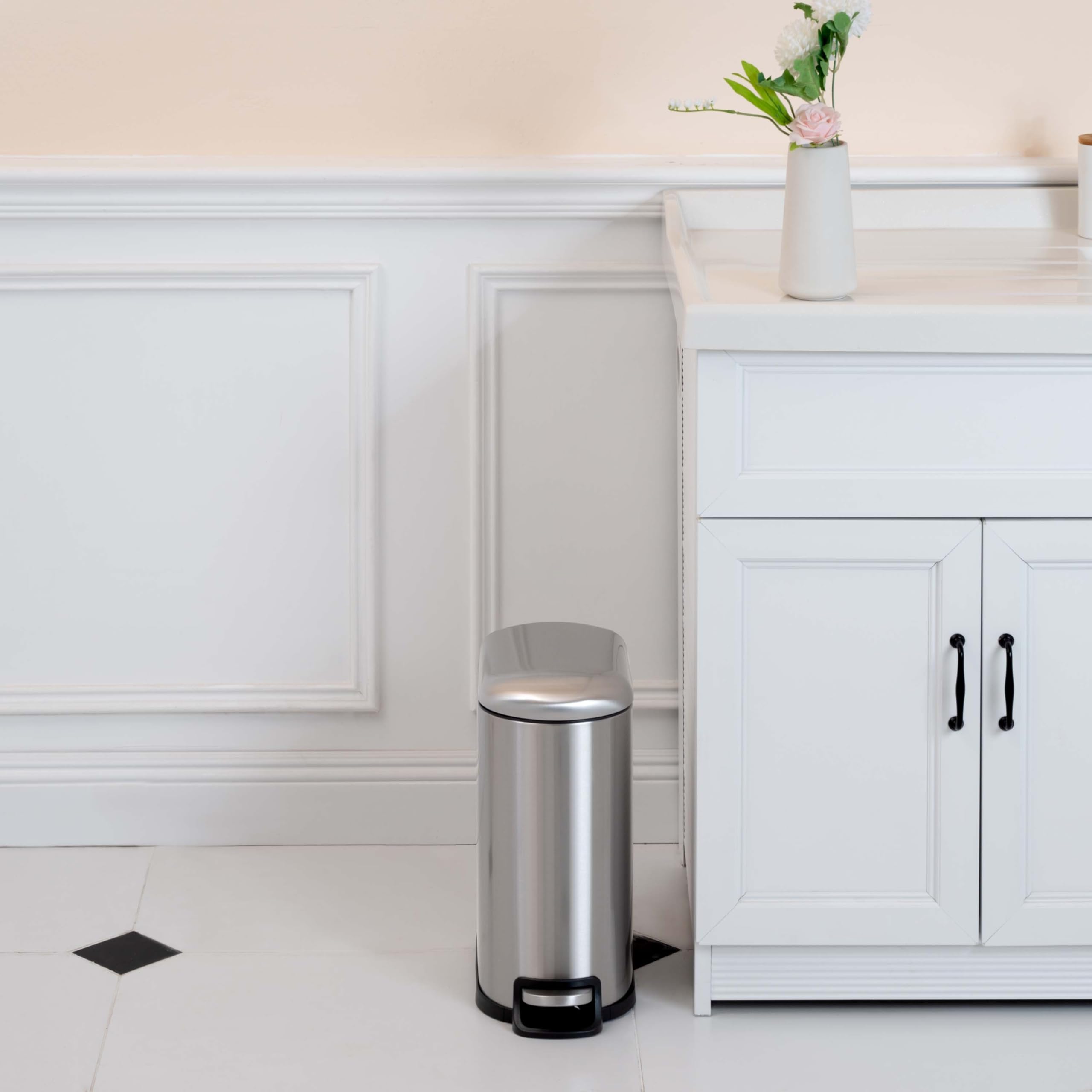 Amazon Basics 10 Liter / 2.6 Gallon Soft-Close, Smudge Resistant Trash Can with Foot Pedal for Narrow Spaces - Brushed Stainless Steel