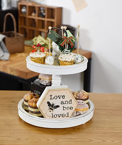 Funly mee Distressed Rustic White Wood Two-Tier Tray with Metal Handle,Decorative Organizer Tray for Kitchen Counter Top or Dining Room Table(White)