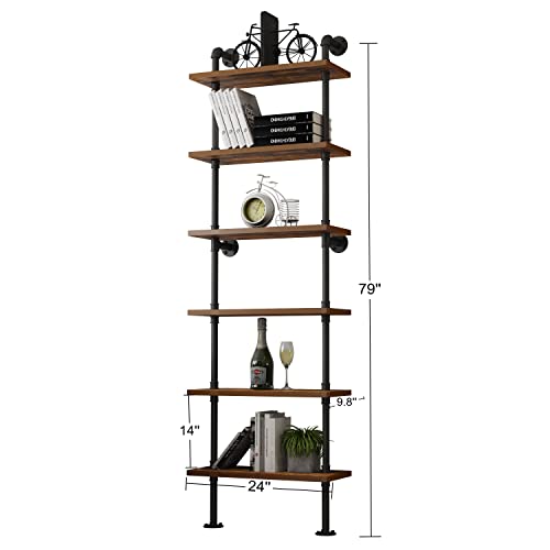 HOMEKAYT Industrial Pipe Shelf Rustic Wood Wall Shelf Ladder Bookshelf Wall Mounted Storage Decor Shelf for Home, Office, Living Room(6-Tier)-Black