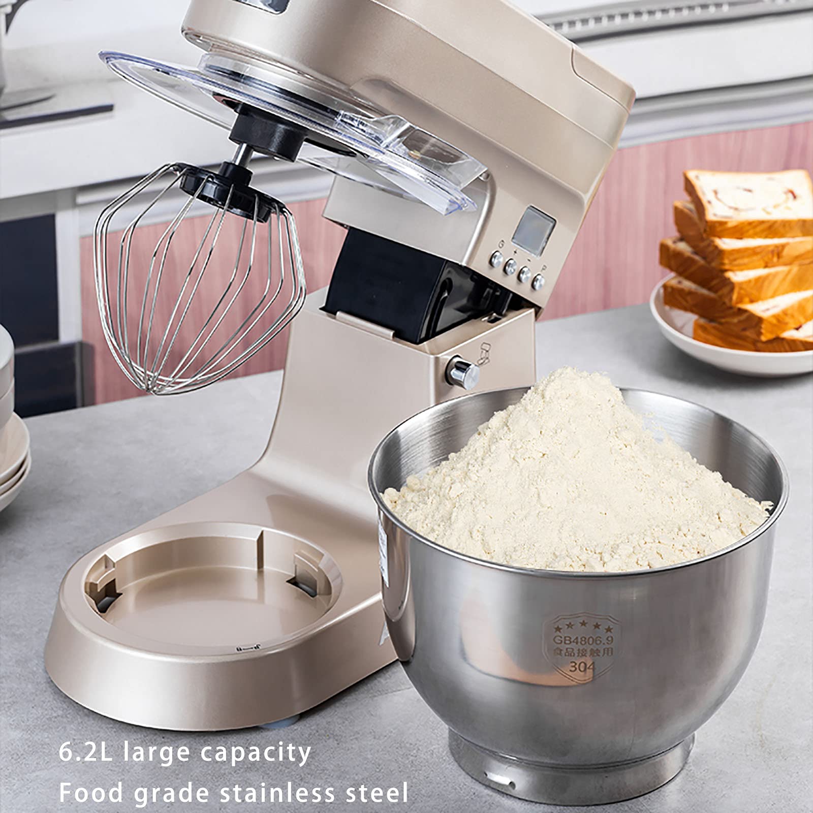 CLING 1000W Kitchen Stand Mixer Dough Mixers 10 Speed LED Liquid Crystal Display Timing Function with Dough Hook, Beater & Egg Whisk 6.2L Large Capacity