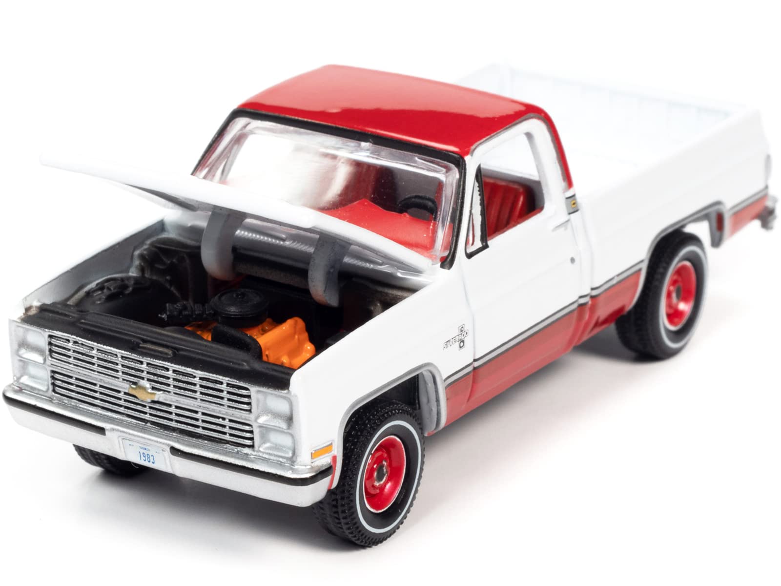 1983 Chevy Silverado 10 Fleetside Pickup Truck White & Carmine Red w/Red Interior Ltd Ed 17120 pcs 1/64 Diecast Model Car by Autoworld 64322-AWSP074 B