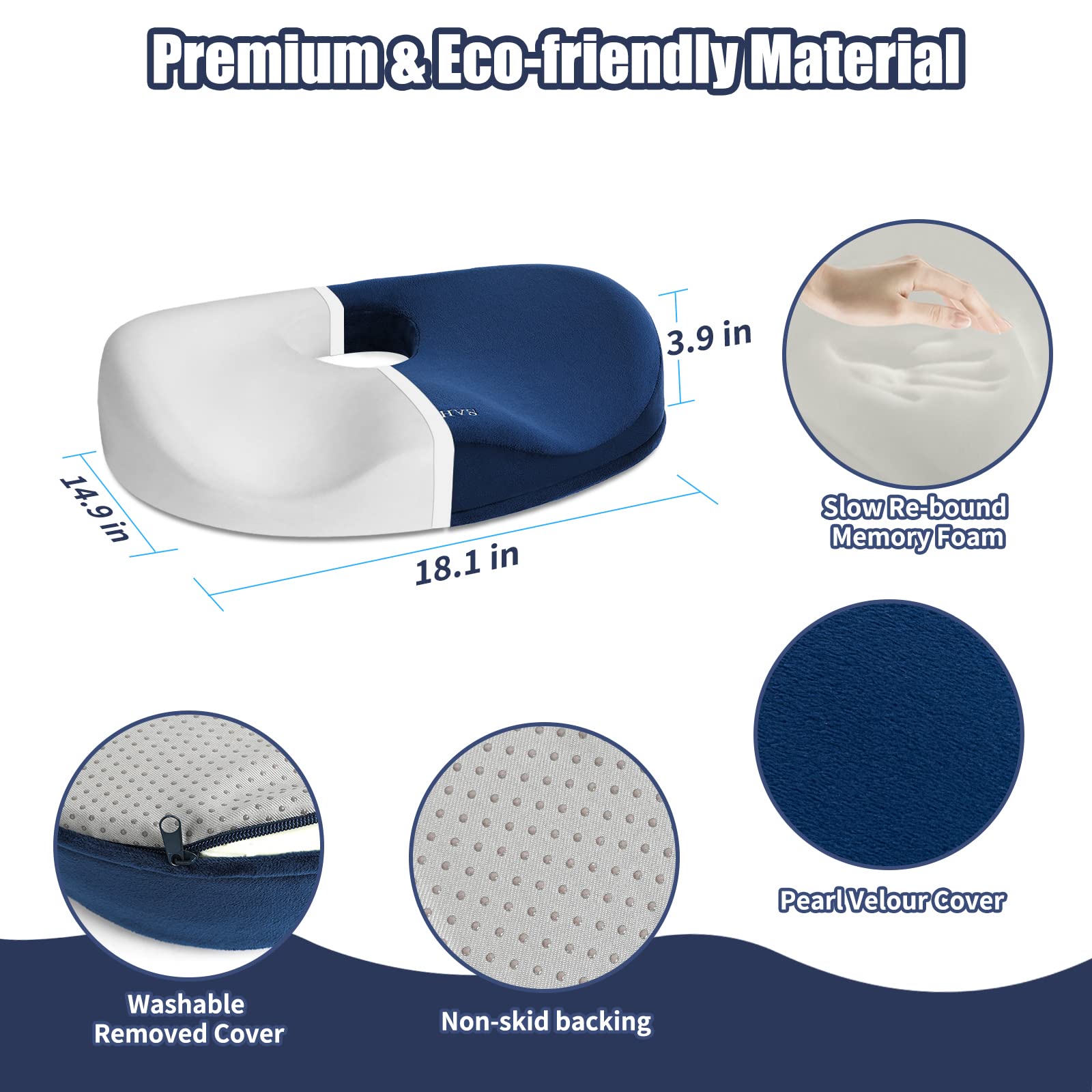 SAHEYER Seat Cushion for Tailbone Pain Relief,Office Chair Cushion for Sciatic Nerve Pain Relief,Butt Pillow for Enhanced Comfort in Long-Term Sitting,(Blue)