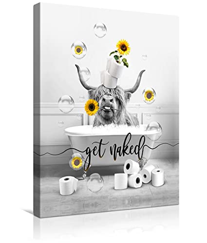 WALLOHERE Bathroom Canvas Wall Art Black And White Artwork Farm Highland Cow In Bathtub With Sunflower Picture Print Modern Giclee Decor For Decoration Ready To Hang 12x16 Inch, 12 x 16 in