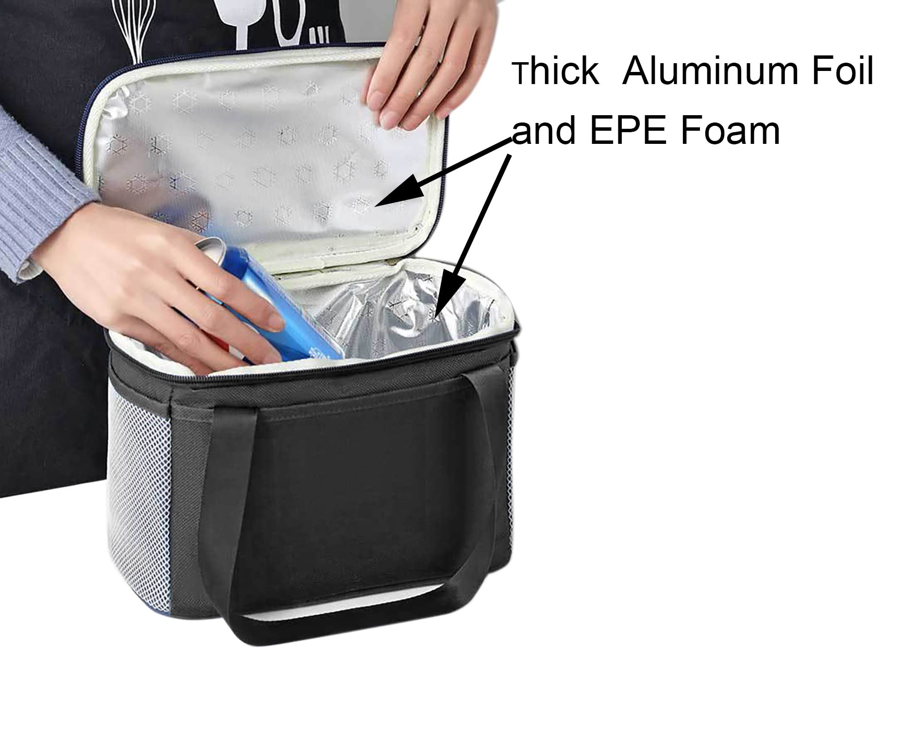 6L Thickened Black Reusable Insulated Lunch Bag for Student, Women and Men Travel Picnic and School Lunch Box (Small, Black)
