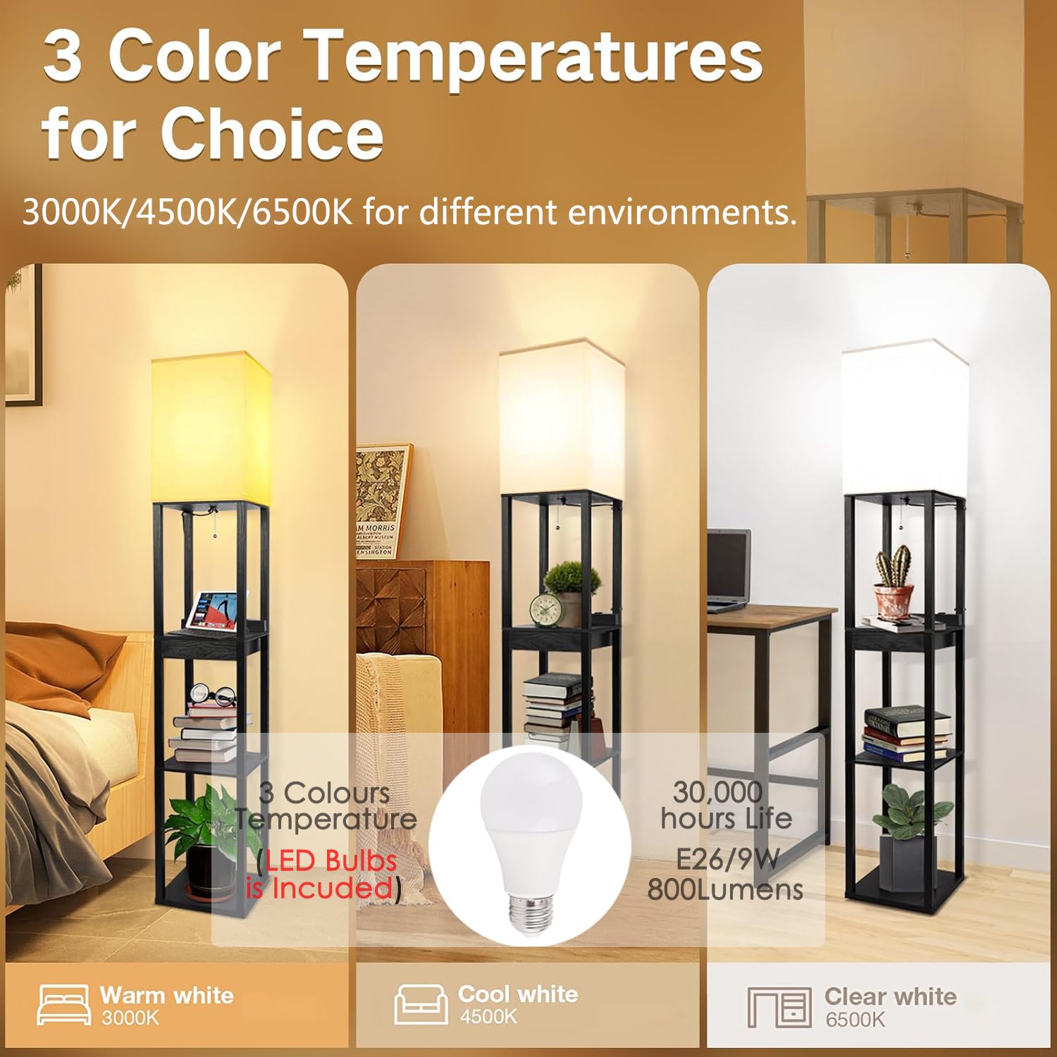 Assemer Shelf Floor Lamps for Living Room,Tall Standing Lamp with Shelves and Drawer,2 USB Charging Ports & Power Outlet,Bright 3CCT LED Bulb Included - Black