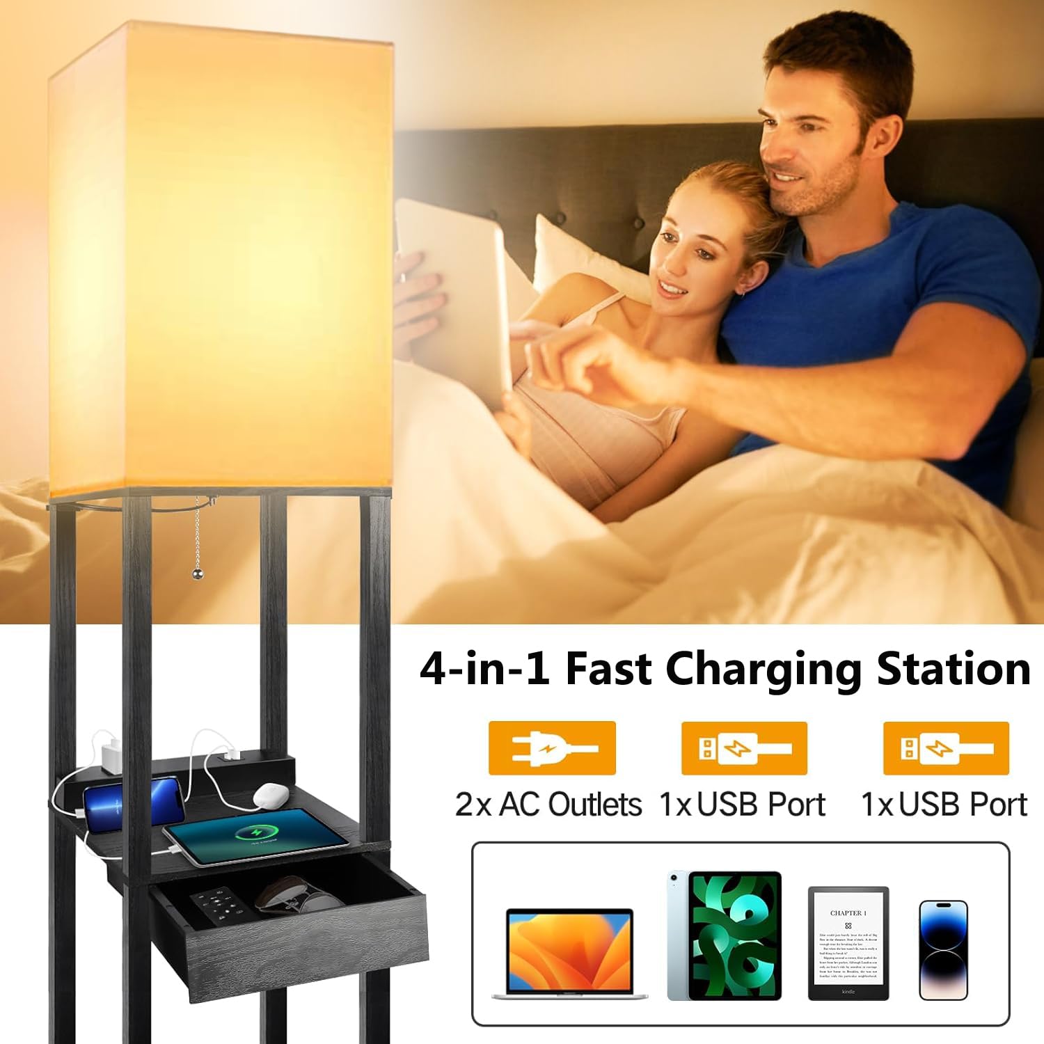 Assemer Shelf Floor Lamps for Living Room,Tall Standing Lamp with Shelves and Drawer,2 USB Charging Ports & Power Outlet,Bright 3CCT LED Bulb Included - Black