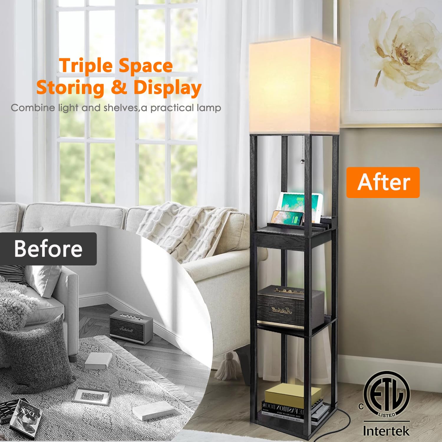 Assemer Shelf Floor Lamps for Living Room,Tall Standing Lamp with Shelves and Drawer,2 USB Charging Ports & Power Outlet,Bright 3CCT LED Bulb Included - Black