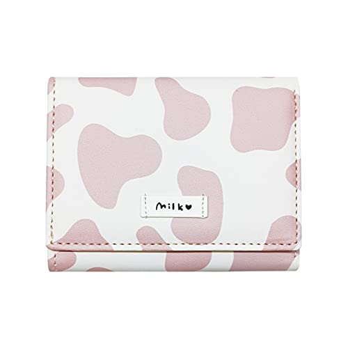 MOZXIRZ Women Girls Wallet Cute Cow Print Tri-Fold Wallet PU Leather Purse Slim Small Short Wallet Cartoon Trifold Cash Card Holder Bag (Pink Cow)