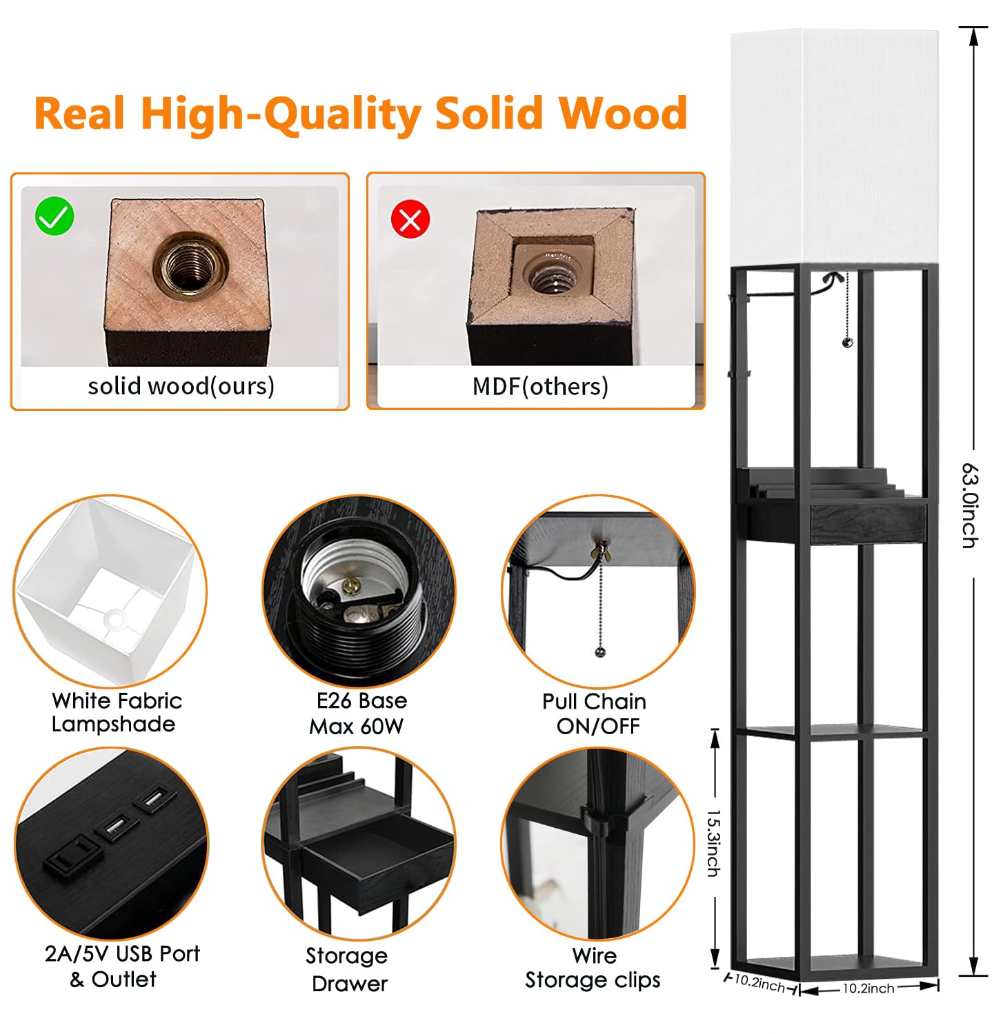Assemer Shelf Floor Lamps for Living Room,Tall Standing Lamp with Shelves and Drawer,2 USB Charging Ports & Power Outlet,Bright 3CCT LED Bulb Included - Black