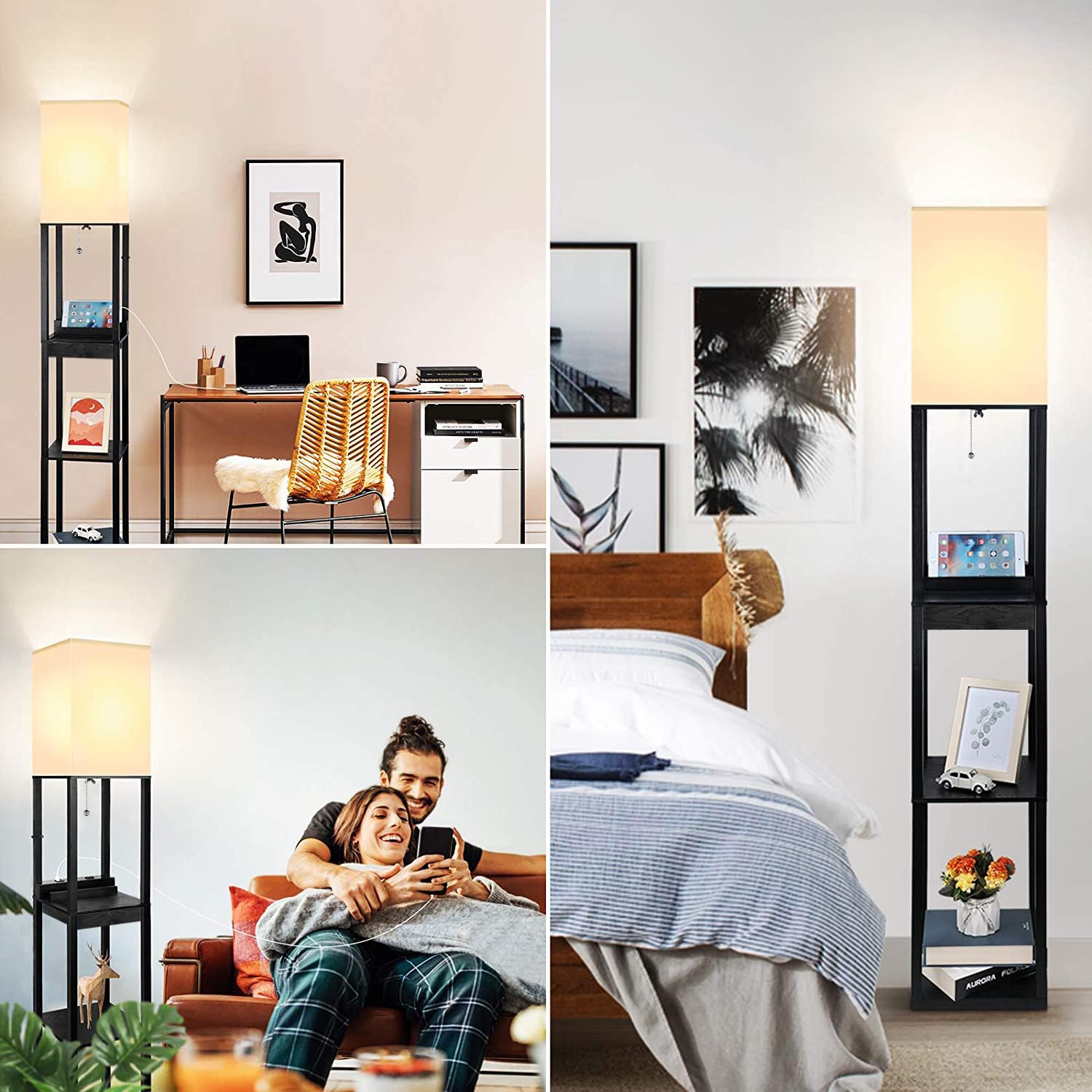 Assemer Shelf Floor Lamps for Living Room,Tall Standing Lamp with Shelves and Drawer,2 USB Charging Ports & Power Outlet,Bright 3CCT LED Bulb Included - Black