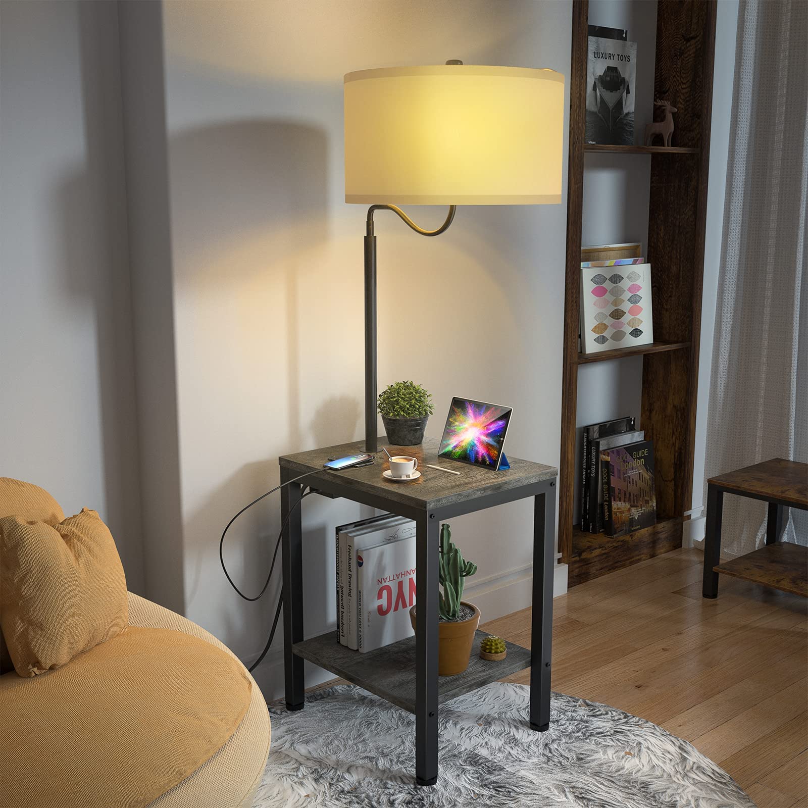 LityMax LED Floor Lamp with Table - End Table with USB Charging Port, Power Outlet, Bedside Nightstand Shelves, Side Table with Reading Standing Light for Living Room, Black Oak, Bulb Included, 2 Pack