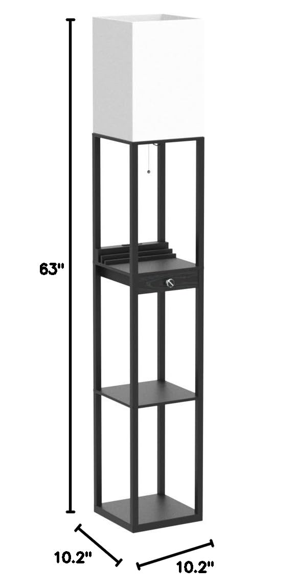 Assemer Shelf Floor Lamps for Living Room,Tall Standing Lamp with Shelves and Drawer,2 USB Charging Ports & Power Outlet,Bright 3CCT LED Bulb Included - Black