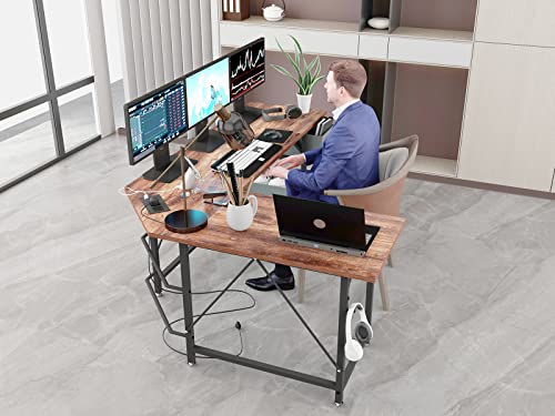 SZXKT L Shaped Desk with Power Outlets,66 inch Corner Computer Desk with Drawers,Gaming Desk Home Office Writing Study Table Reversible L Desk with Storage Shelves and Hooks(Rustic Brown)