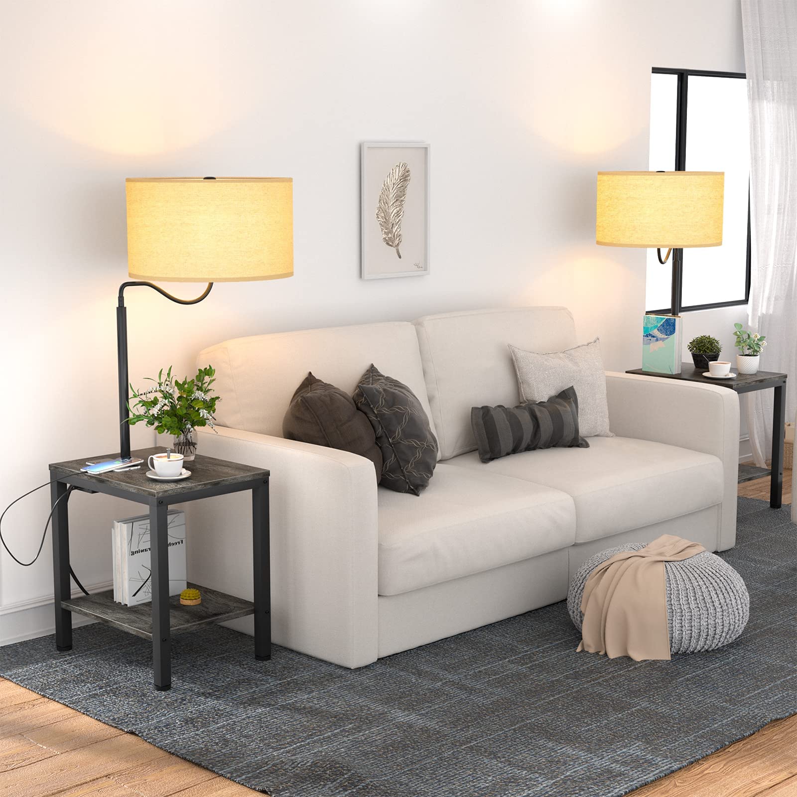 LityMax LED Floor Lamp with Table - End Table with USB Charging Port, Power Outlet, Bedside Nightstand Shelves, Side Table with Reading Standing Light for Living Room, Black Oak, Bulb Included, 2 Pack