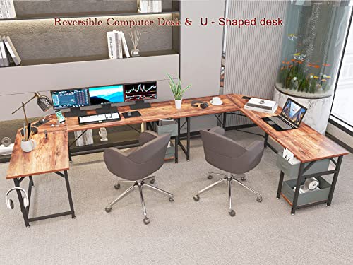 SZXKT L Shaped Desk with Power Outlets,66 inch Corner Computer Desk with Drawers,Gaming Desk Home Office Writing Study Table Reversible L Desk with Storage Shelves and Hooks(Rustic Brown)