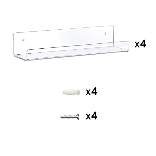 Amazing Abby 4-Pack 15-Inch Acrylic Transparent Floating Wall Shelf, Invisible Wall-Mounted Shelf Display, 15" W x 4" D (Mounting Hardware Included)