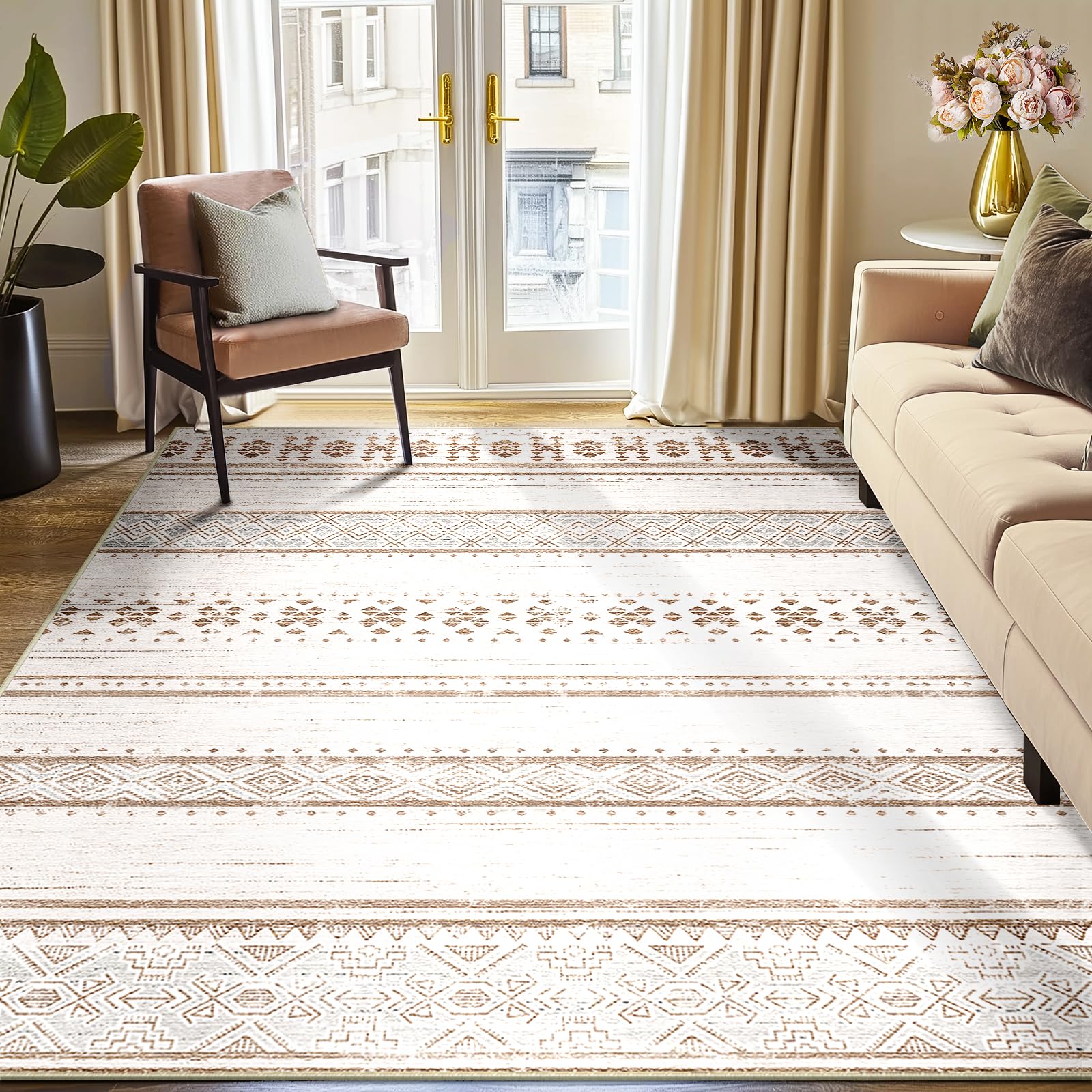 BESTSWEETIE 9x12 Area Rugs for Living Room Washable Moroccan Farmhouse Neutral Geometric Low Pile Non-Slip Soft Print Pattern Rug for Bedroom Kitchen Dining Room Entryway Cream/Brown/Pink