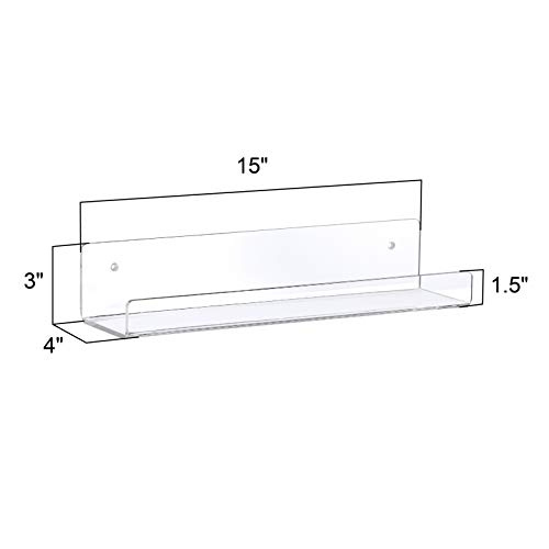 Amazing Abby 4-Pack 15-Inch Acrylic Transparent Floating Wall Shelf, Invisible Wall-Mounted Shelf Display, 15" W x 4" D (Mounting Hardware Included)