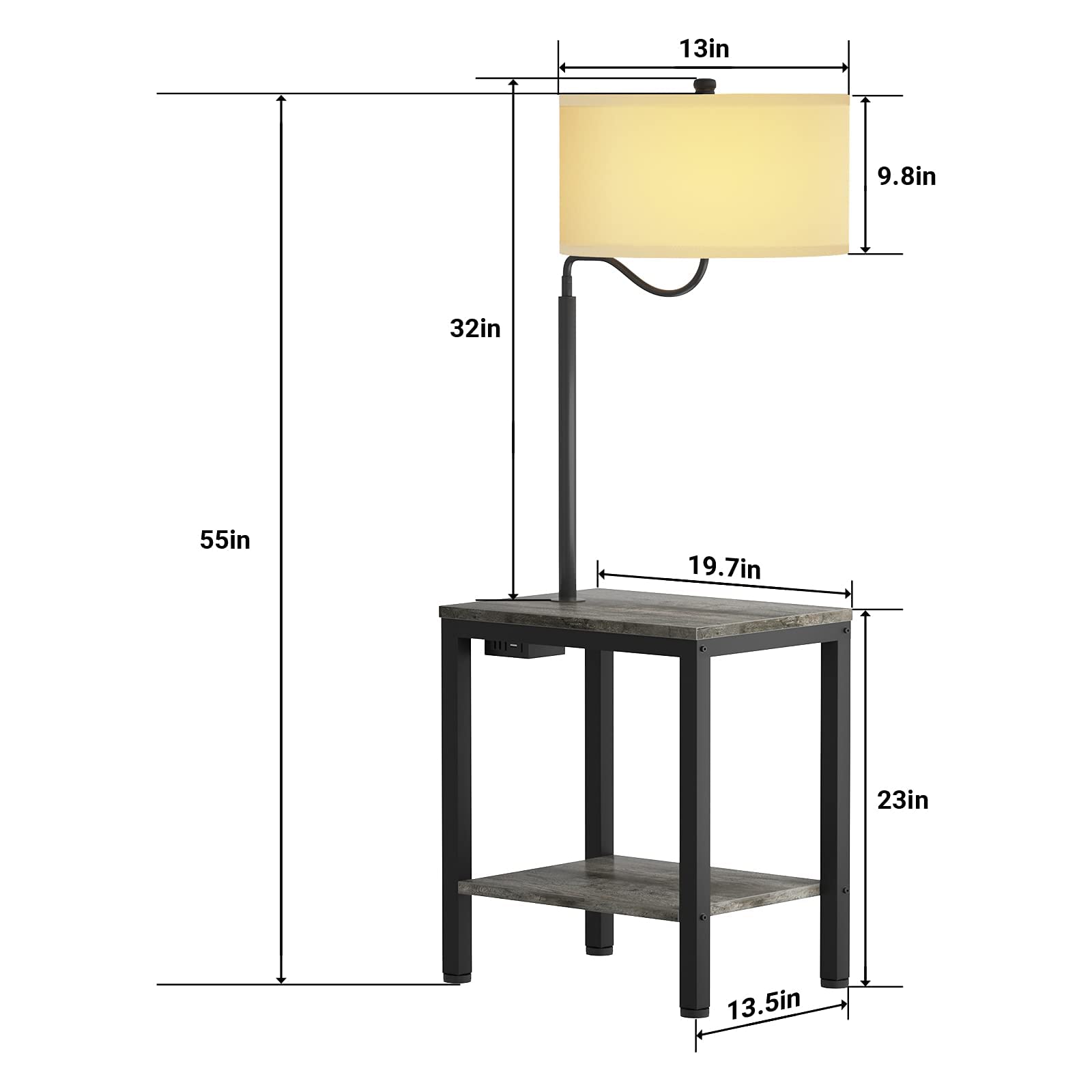 LityMax LED Floor Lamp with Table - End Table with USB Charging Port, Power Outlet, Bedside Nightstand Shelves, Side Table with Reading Standing Light for Living Room, Black Oak, Bulb Included, 2 Pack