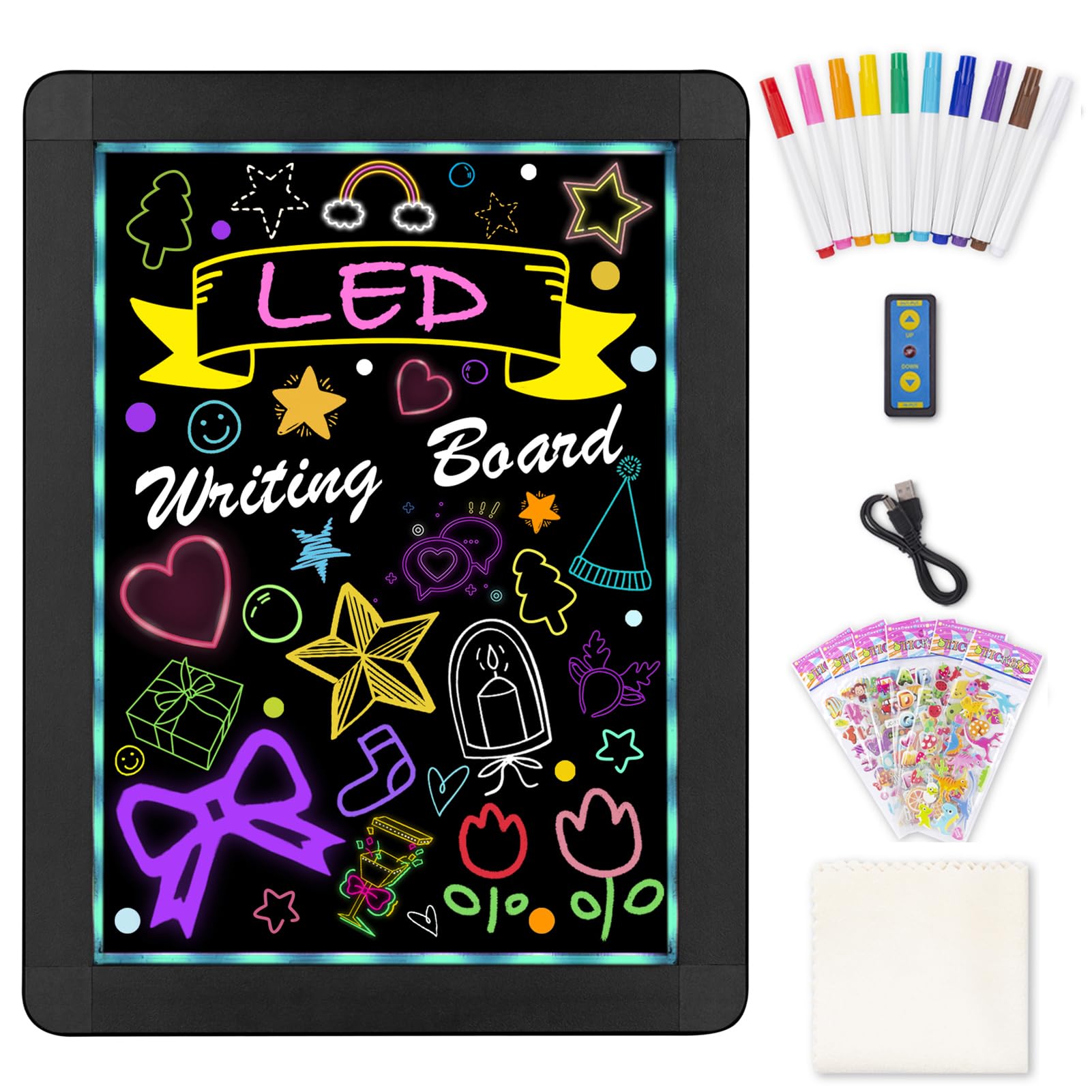 Led Magic Glow Board , 16’’x 12’’Illuminated Erasable Neon Effect Sign Board Tablet Pad with 10 Fluorescent Chalk Markers, Perfect for Christmas Gift/ Shop/Cafe/Bar/Menu/Wedding/Decoration/Promotion