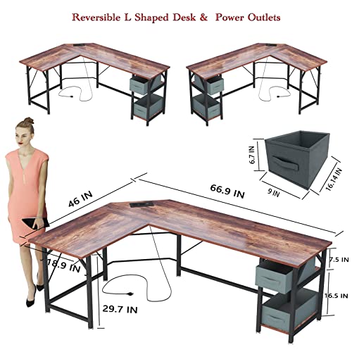 SZXKT L Shaped Desk with Power Outlets,66 inch Corner Computer Desk with Drawers,Gaming Desk Home Office Writing Study Table Reversible L Desk with Storage Shelves and Hooks(Rustic Brown)
