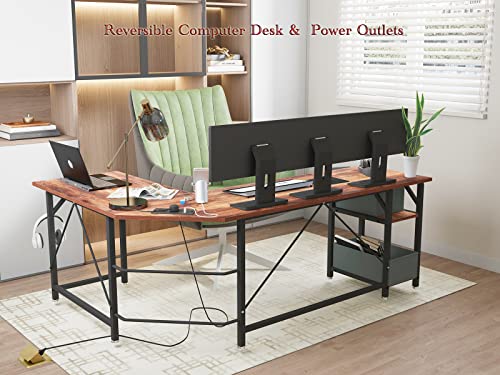 SZXKT L Shaped Desk with Power Outlets,66 inch Corner Computer Desk with Drawers,Gaming Desk Home Office Writing Study Table Reversible L Desk with Storage Shelves and Hooks(Rustic Brown)