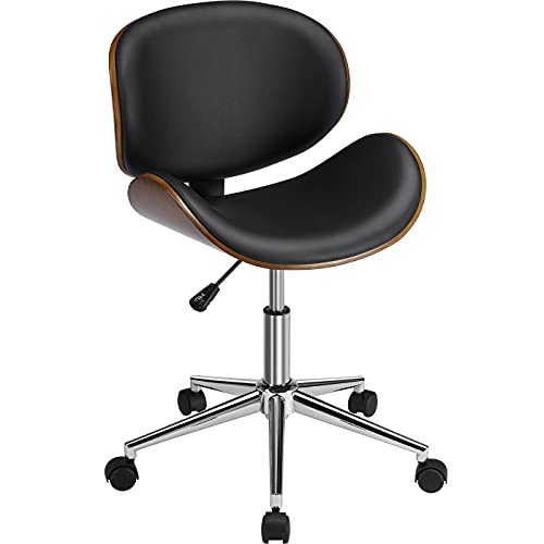Yaheetech Ergonomic Home Office Desk Chair Modern Mid-Century Bentwood/Curved Seat Computer Chair Walnut Wood Chrome Finish Stool with 360° Swivel Wheels Faux Leather Seat Height Adjustable, Black