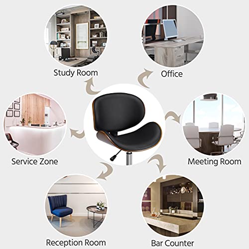 Yaheetech Ergonomic Home Office Desk Chair Modern Mid-Century Bentwood/Curved Seat Computer Chair Walnut Wood Chrome Finish Stool with 360° Swivel Wheels Faux Leather Seat Height Adjustable, Black