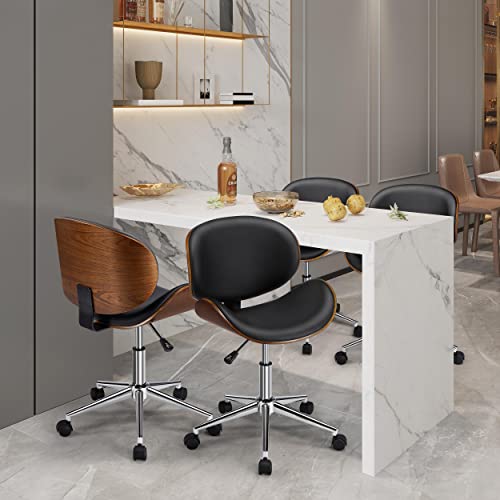 Yaheetech Ergonomic Home Office Desk Chair Modern Mid-Century Bentwood/Curved Seat Computer Chair Walnut Wood Chrome Finish Stool with 360° Swivel Wheels Faux Leather Seat Height Adjustable, Black