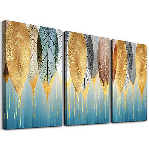 Fashion Wall Art for Living Room Family Wall Decor for Bedroom Modern Wall Decorations for Kitchen Canvas Art Golden Leaves Abstract Paintings Bathroom Hang Pictures Artwork Home Decoration 3 Pieces