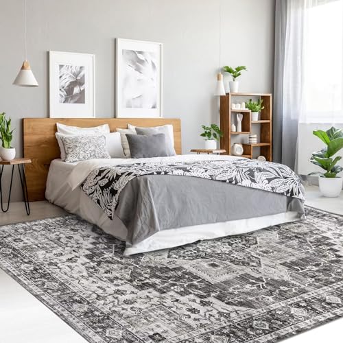 GlowSol Grey 9' x 12' Area Rug, Washable, Non-Slip, Vintage, Bohemian, Low Pile, Machine Made, Polyester, Dining Room