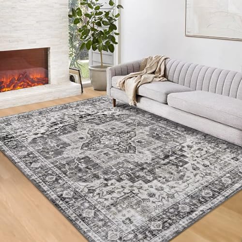 GlowSol Grey 9' x 12' Area Rug, Washable, Non-Slip, Vintage, Bohemian, Low Pile, Machine Made, Polyester, Dining Room