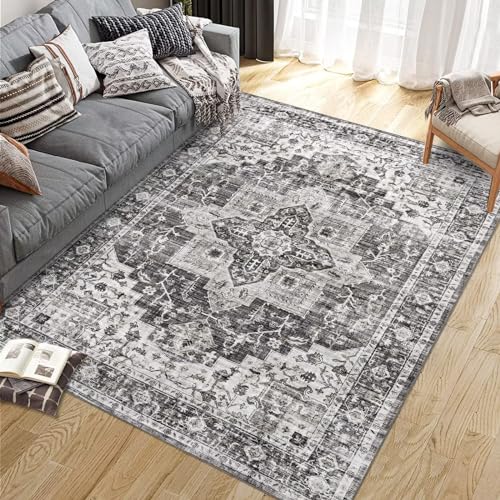 GlowSol Grey 9' x 12' Area Rug, Washable, Non-Slip, Vintage, Bohemian, Low Pile, Machine Made, Polyester, Dining Room