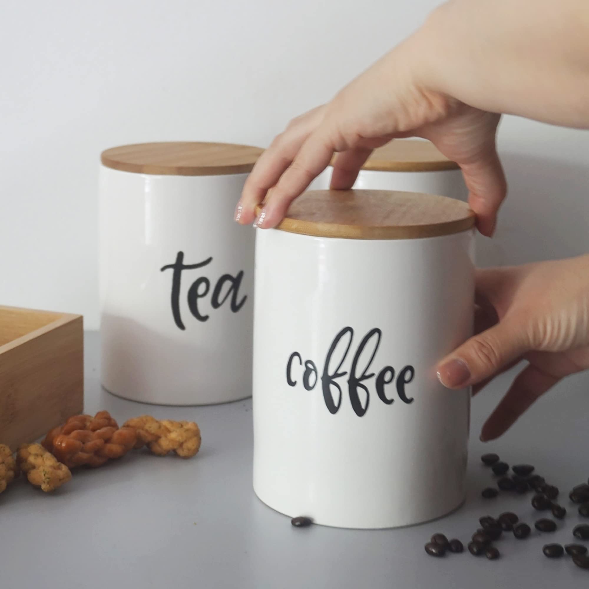 Kitchen Food Storage Ceramic Canister,Airtight Ceramic Canisters with Bamboo Lid,For Coffee, Sugar,Tea Storage Containers 24.68 FL OZ (730 ML),Set of 3