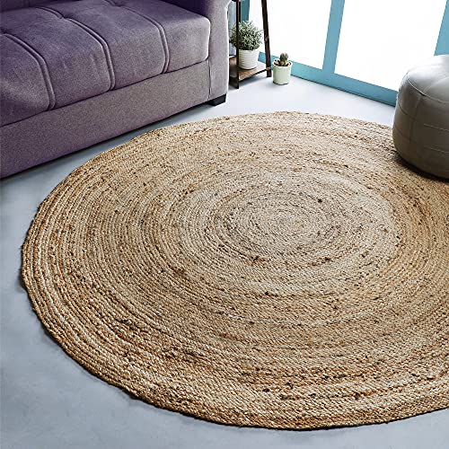 Hausattire Hand Woven Jute Braided Rug, 4' Round - Natural, Reversible Area Rugs for Living Room, Kitchen, 4 Feet Round