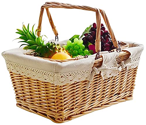 Yesland Wicker Picnic Basket with Liner and Handle, 15.5 x 12 x 6.5 Inches Large Willow Country Picnic Basket/Easter Basket for Bath Toy, Kids Toy Storage, Egg Gathering, Wedding and Candy Gift