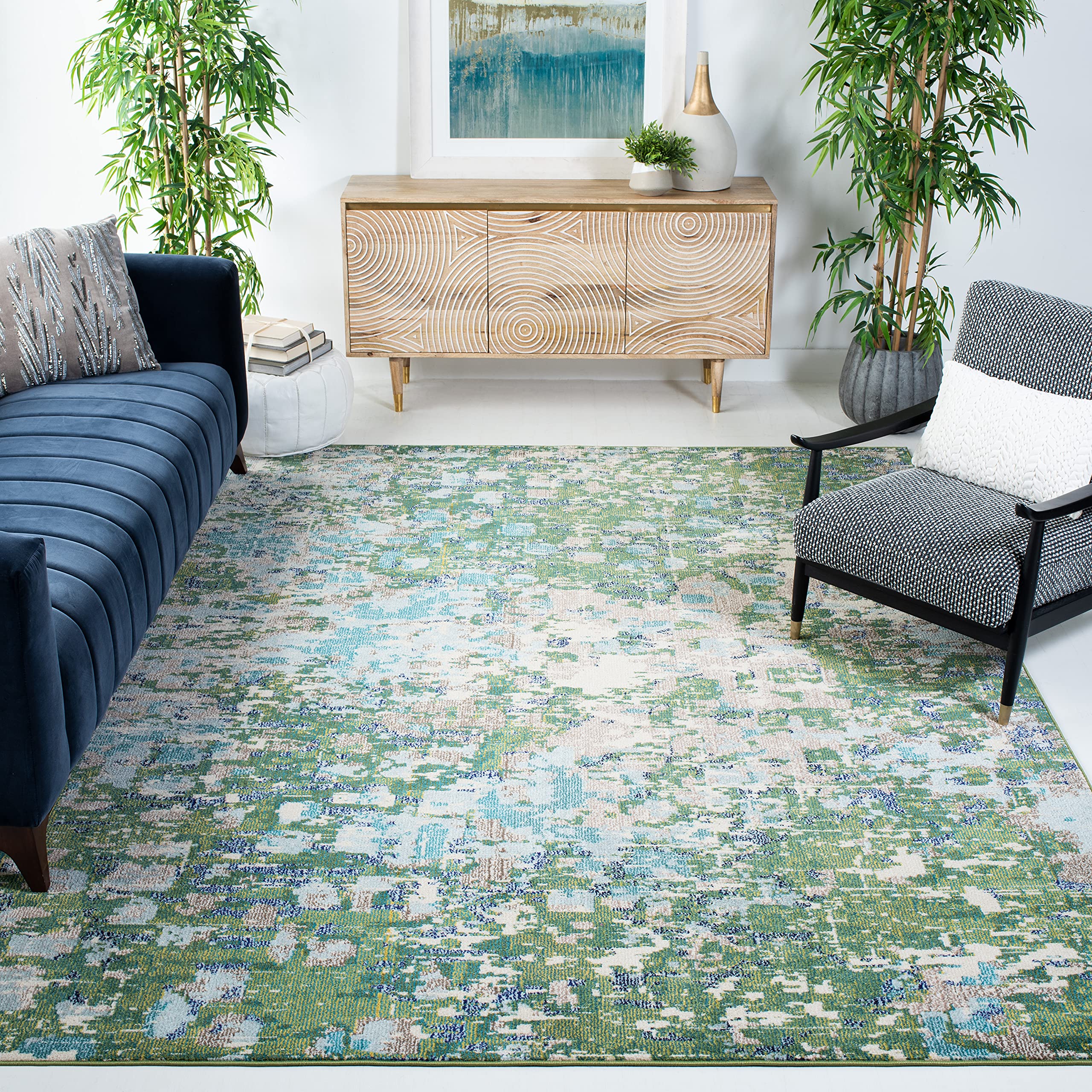 SAFAVIEH Madison Collection Area Rug - 9' x 12', Green & Turquoise, Boho Abstract Distressed Design, Non-Shedding & Easy Care, Ideal for High Traffic Areas in Living Room, Bedroom (MAD425Y)