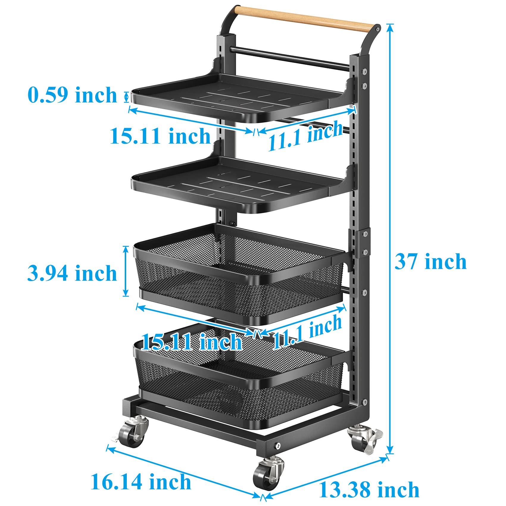 4 Tier Rolling Cart, Hanging Adjustable Utility Cart for Kitchen Pot Holder Office Laundry Bathroom, Black
