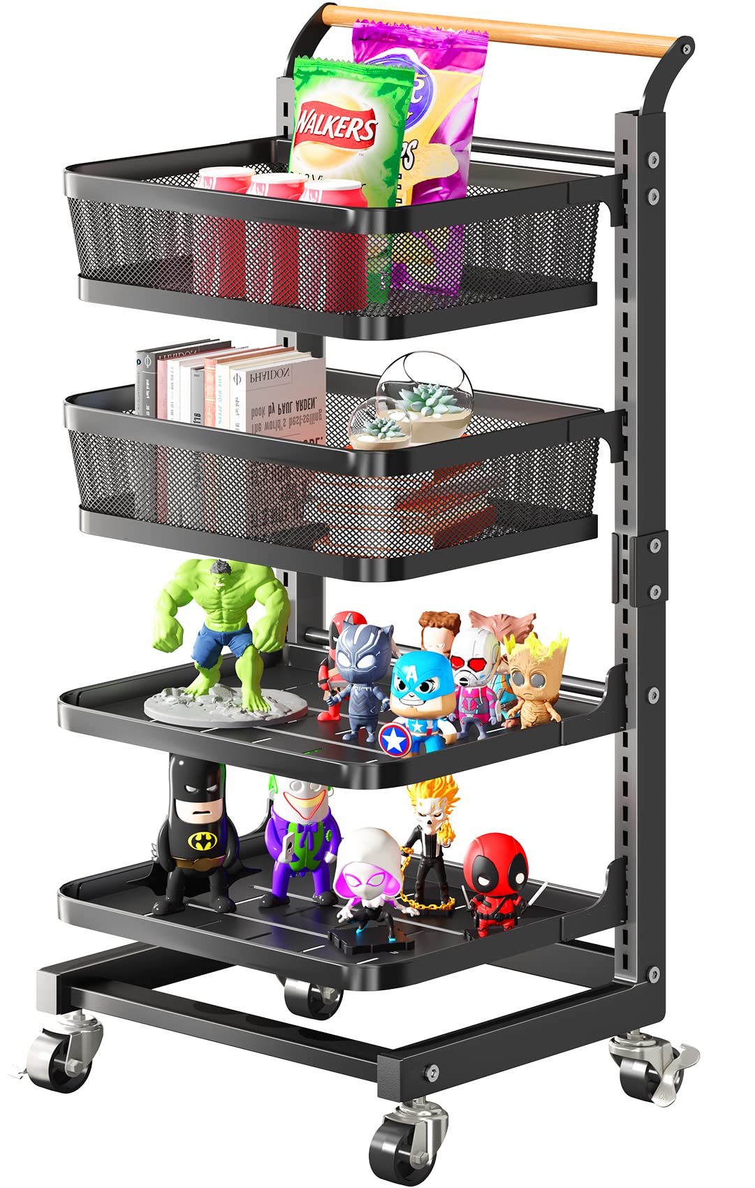 4 Tier Rolling Cart, Hanging Adjustable Utility Cart for Kitchen Pot Holder Office Laundry Bathroom, Black