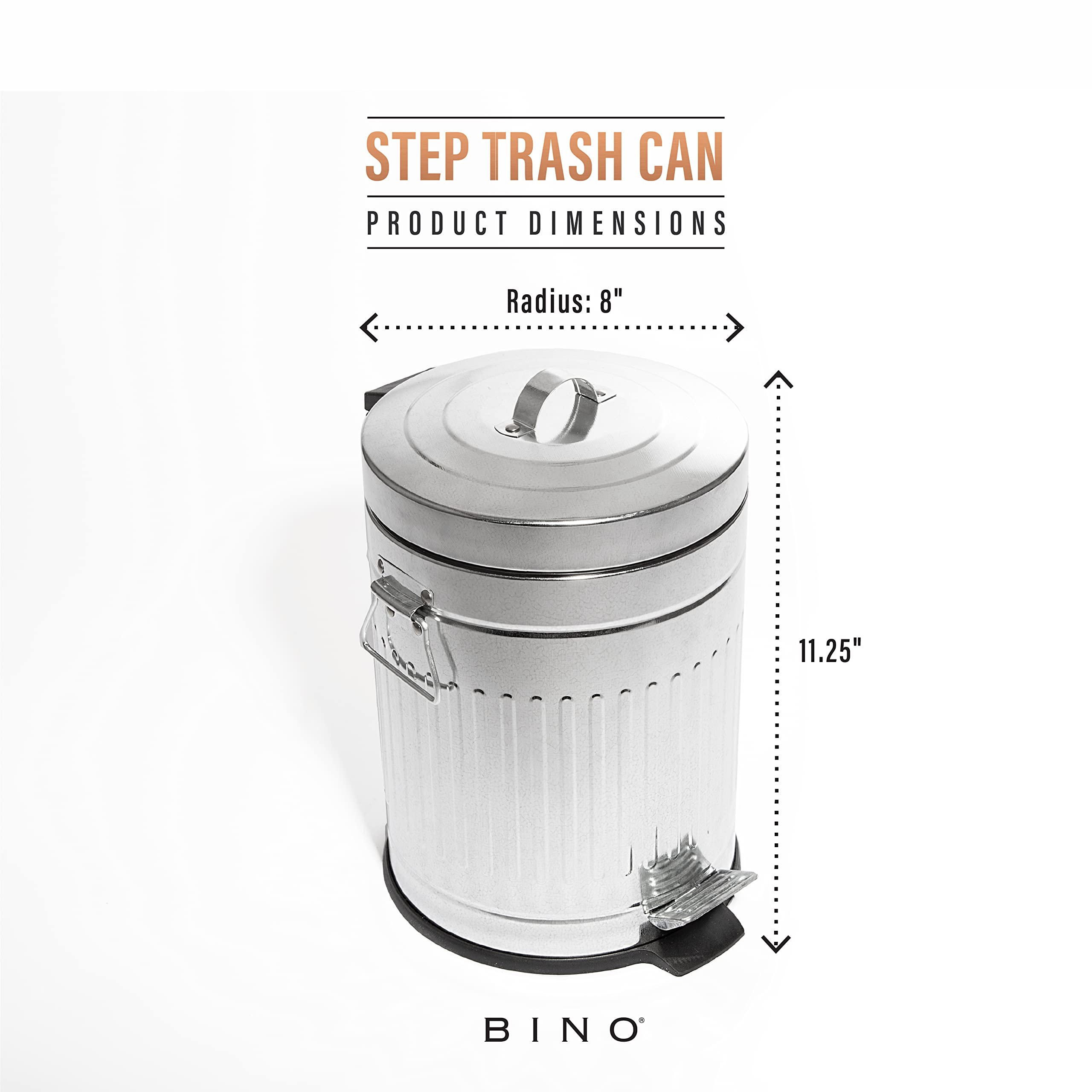 BINO Round Step Trash Can | Home or Office Bathroom Trash Cans with Lids | Kitchen Garbage Can with Non-Slip Stepper | Stainless Steel Small Trash Can with Lid | Galvanized Steel (1.3 Gallon/5 Liter)