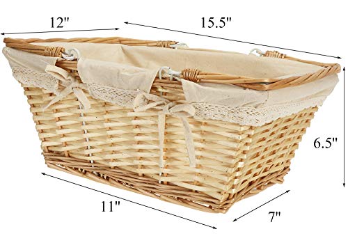 Yesland Wicker Picnic Basket with Liner and Handle, 15.5 x 12 x 6.5 Inches Large Willow Country Picnic Basket/Easter Basket for Bath Toy, Kids Toy Storage, Egg Gathering, Wedding and Candy Gift