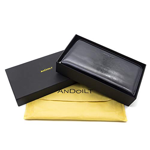 ANDOILT Genuine Leather Wallet for Women Men RFID Blocking Credit Card Holder Zipper Purse Cell Phone Handbag Huge Storage Capacity Black&Silver Chain
