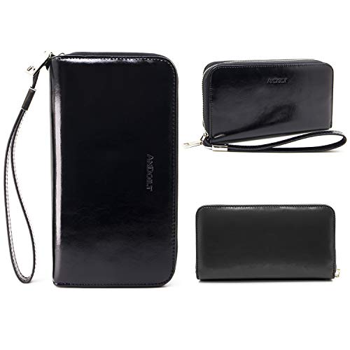 ANDOILT Genuine Leather Wallet for Women Men RFID Blocking Credit Card Holder Zipper Purse Cell Phone Handbag Huge Storage Capacity Black&Silver Chain