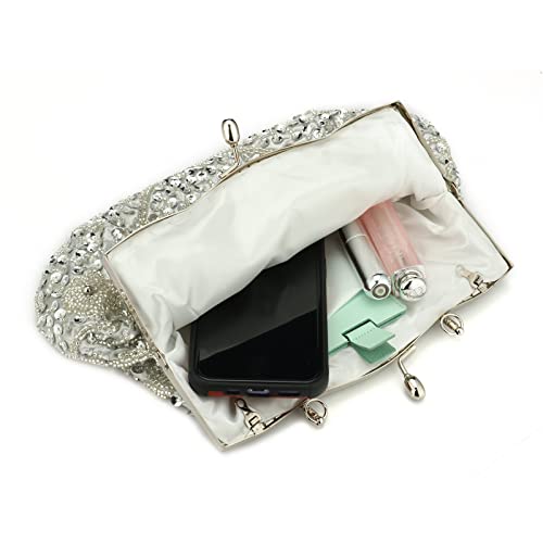 Women Beaded Sequin Design Flowers Evening Wedding Clutch Handbag Purse Vintage Beaded Embroidery Crossbody Evening Bag (Silver)