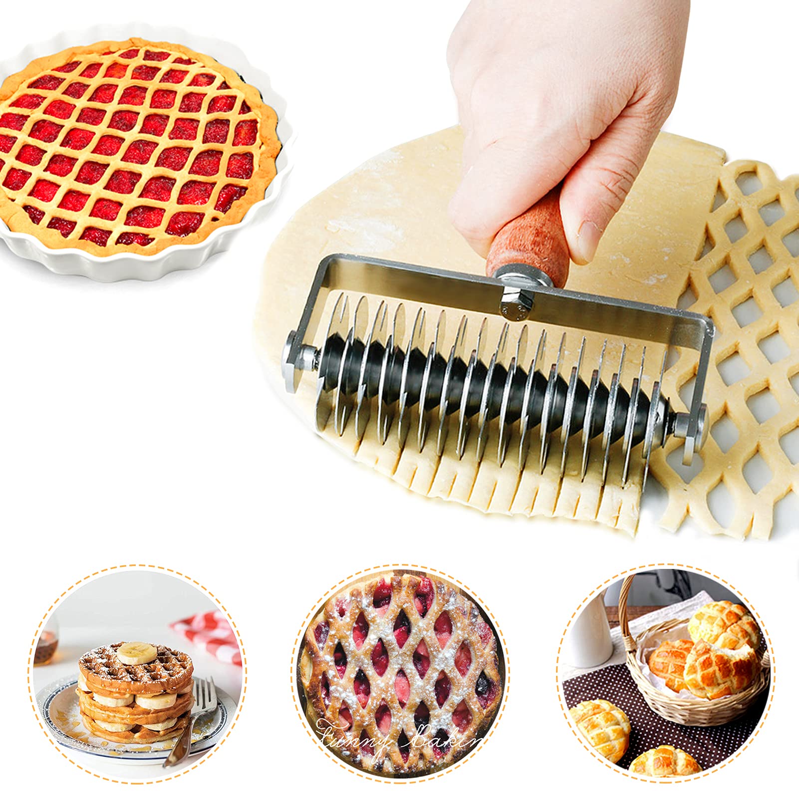Stainless Steel Lattice Cutter, Dough Lattice Roller Cutter Baking Tool Cookie Pie Pizza Bread Pastry Crust Roller Cutter with Wood Handle, Household Time-Saver Baking Pastry Tools for Pizza Biscuits