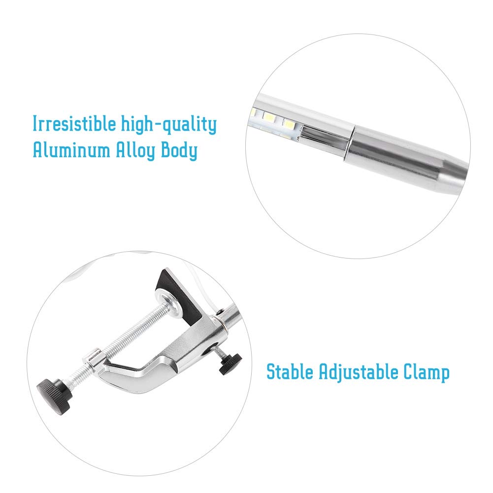 Salmue LED Desk Lamp with Clamp, USB Adjustable Direction and Brightness Clip Eye-Caring Table Lamps for Reading, Study, Tattoo Light,Beauty Manicure, White, 10W