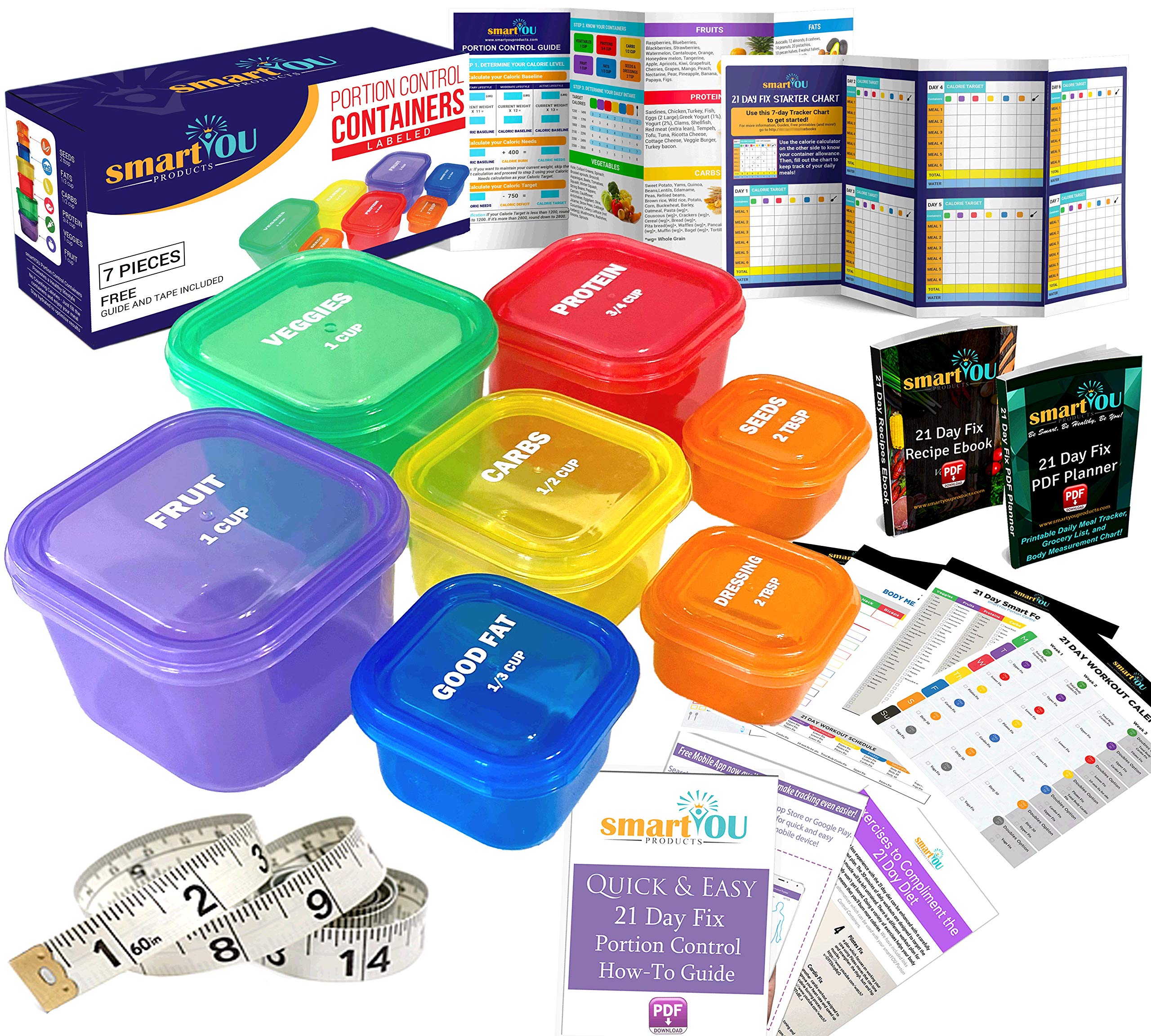 21 Day Portion Control Containers Kit - Nutrition Diet, Multi-Color Coded Weight Loss System. Complete Guide + PDF Planner + Recipe eBook and Tape Measure - BPA Free - 7 PC Labeled