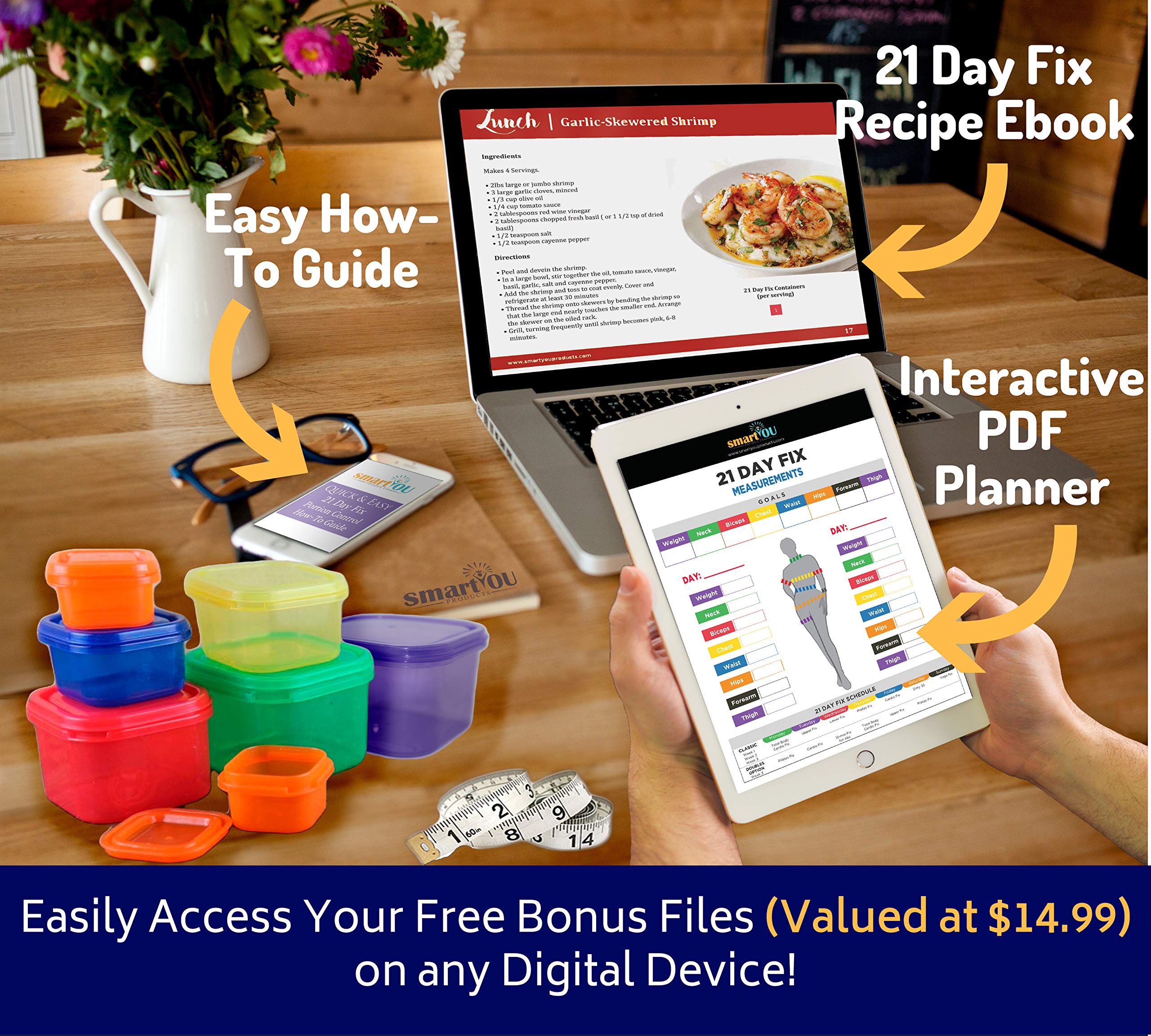 21 Day Portion Control Containers Kit - Nutrition Diet, Multi-Color Coded Weight Loss System. Complete Guide + PDF Planner + Recipe eBook and Tape Measure - BPA Free - 7 PC Labeled